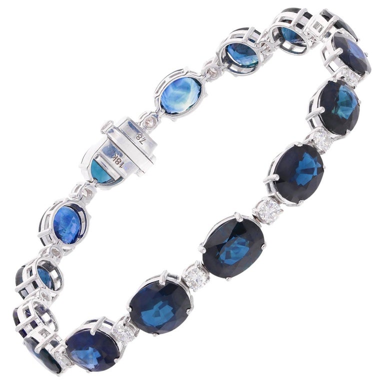 Oval Blue Sapphire Gemstone Charm Bracelet Diamond 14 Karat White Gold ...