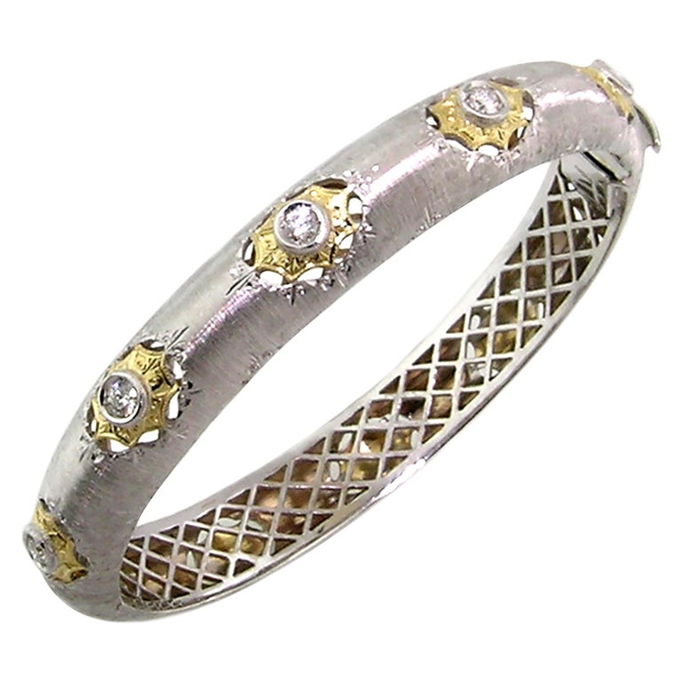 18kt Gold and Diamond Florentine Engraved Custom Bangle, Handmade in ...
