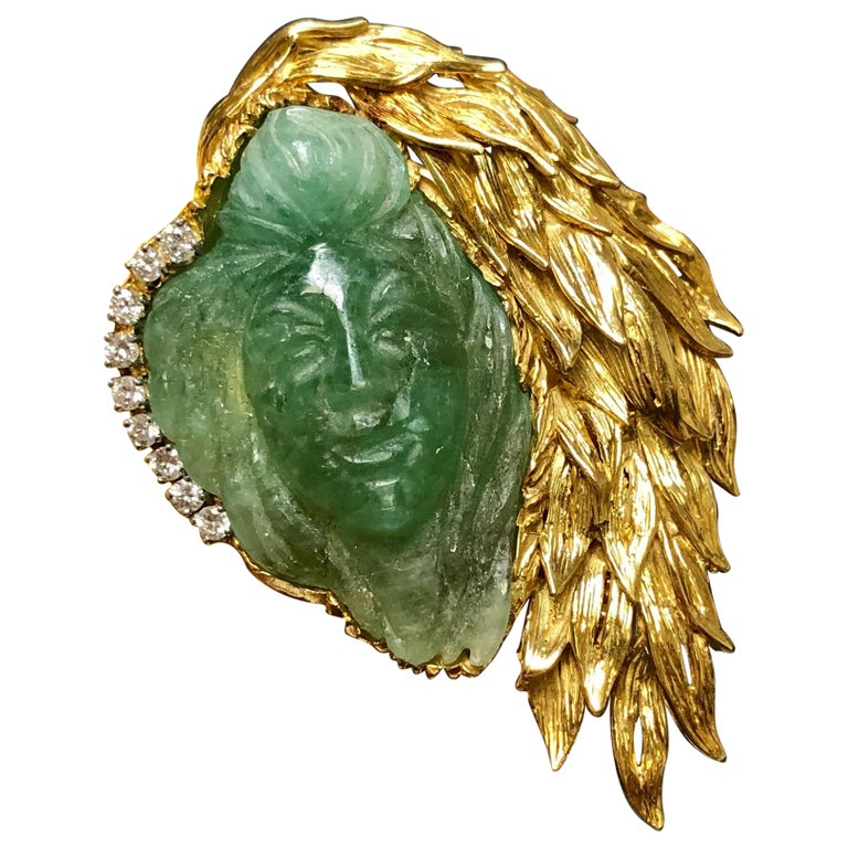 Estate 18K Diamond Carved Emerald Cameo Freeform Leaf Brooch Pin ...