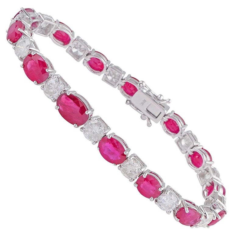 Natural Ruby Gemstone Bracelet Diamond 14 Karat White Gold Handmade Fine Jewelry For Sale at 1stDibs