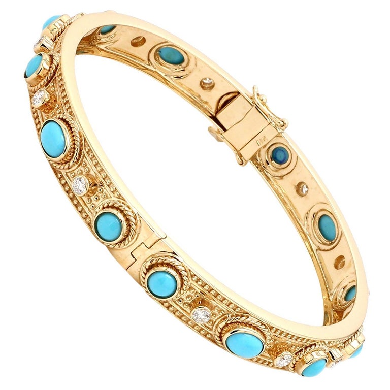 Real Oval Turquoise Gemstone Bracelet Diamond Solid 14k Yellow Gold ...
