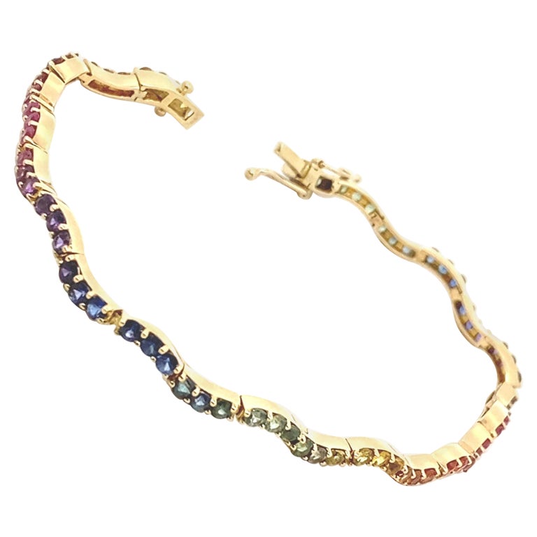 Rainbow Sapphire Yellow Gold Wavy Tennis Bracelet For Sale At 1stdibs