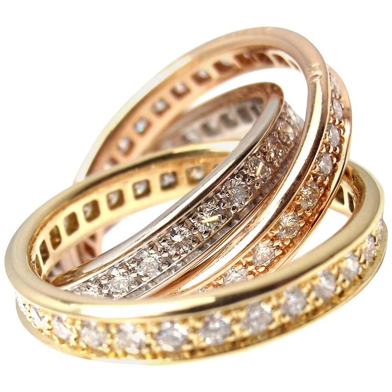 Cartier Trinity Diamond Tri-Color Gold Band Ring at 1stdibs