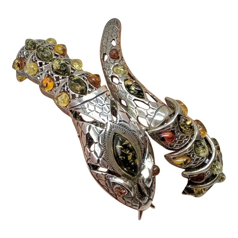 Amber Snake Bracelet Sterling Silver Articulated Mouth Opens For Sale ...