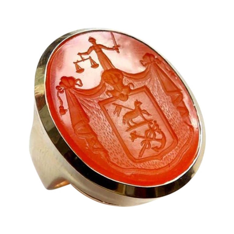 14k Gold Large Carnelian Justice Intaglio Signet Ring For Sale at 1stDibs