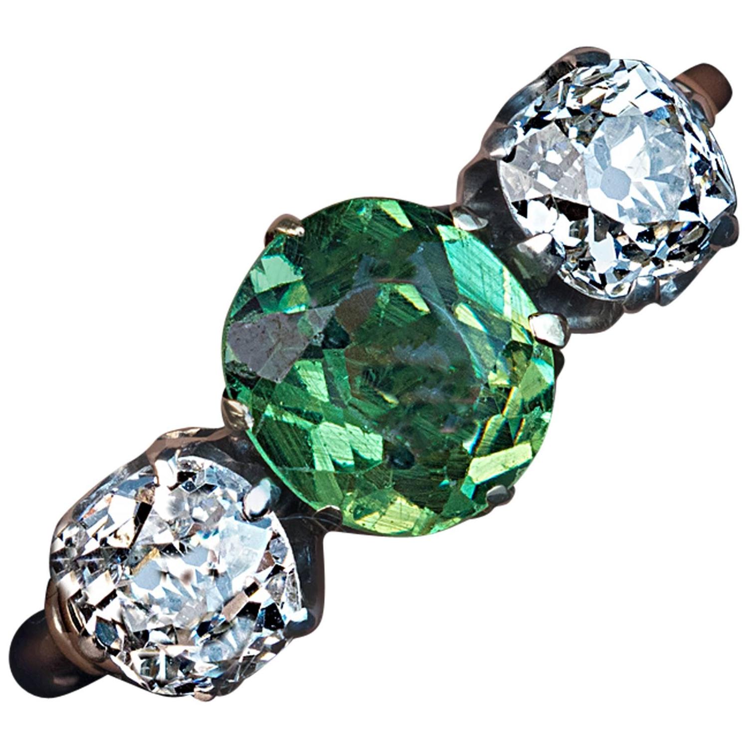 Antique Russian Demantoid Diamond Three Stone Ring For Sale at 1stdibs