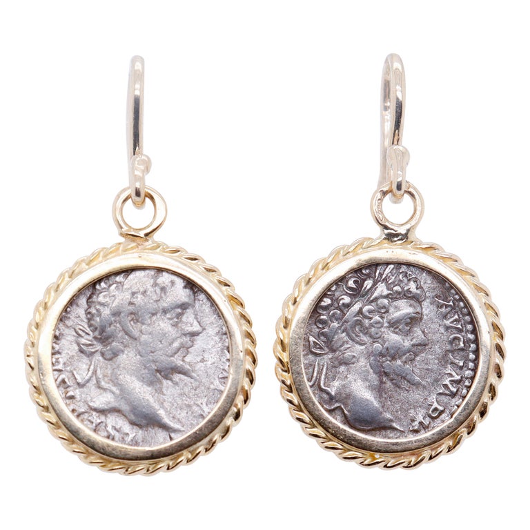Pair of 18K Gold and Ancient Roman Coin Marcus Aurelius Denarius ...