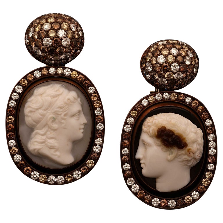 Hemmerle Pair of Fine Antique Hardstone Cameo And Diamond Earrings ...