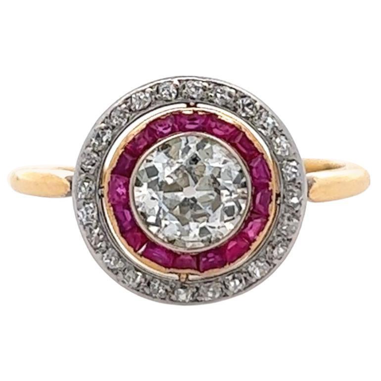 Edwardian 1.00 Carats Diamond Ruby 18k Karat Yellow Gold Target Ring ...