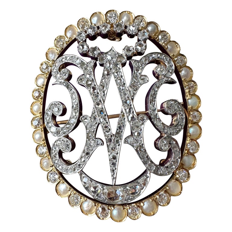 Antique 18k Diamond and Pearl Monogram "Av" or "Mw" Pendant Brooch For ...