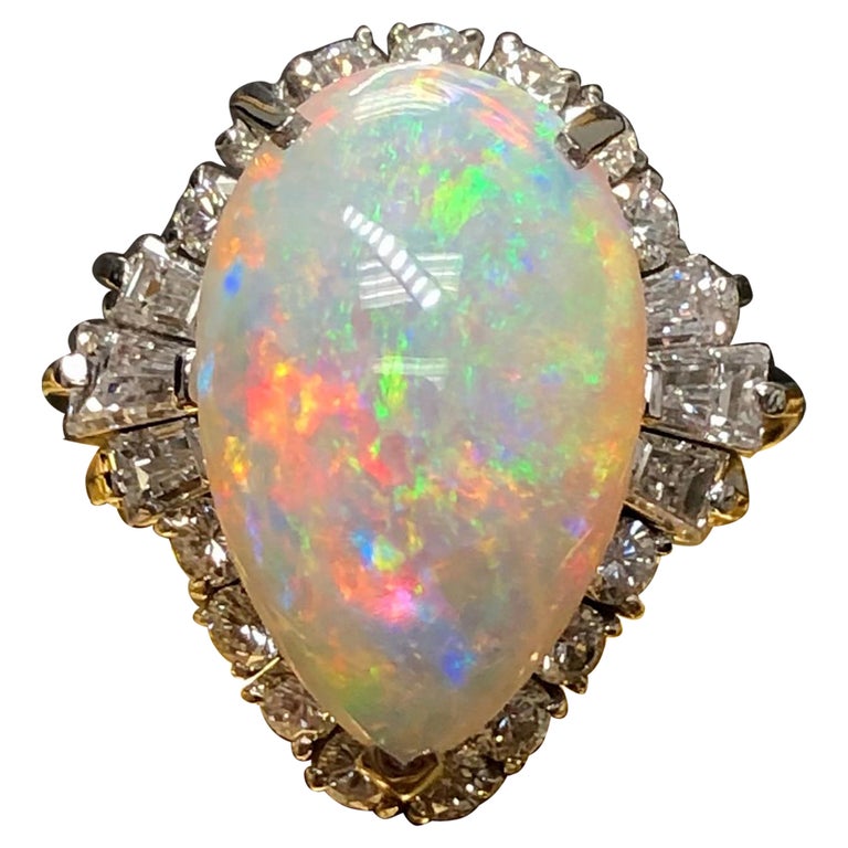 Estate Platinum Australian Opal Baguette Round Diamond Cocktail Ring 6 ...