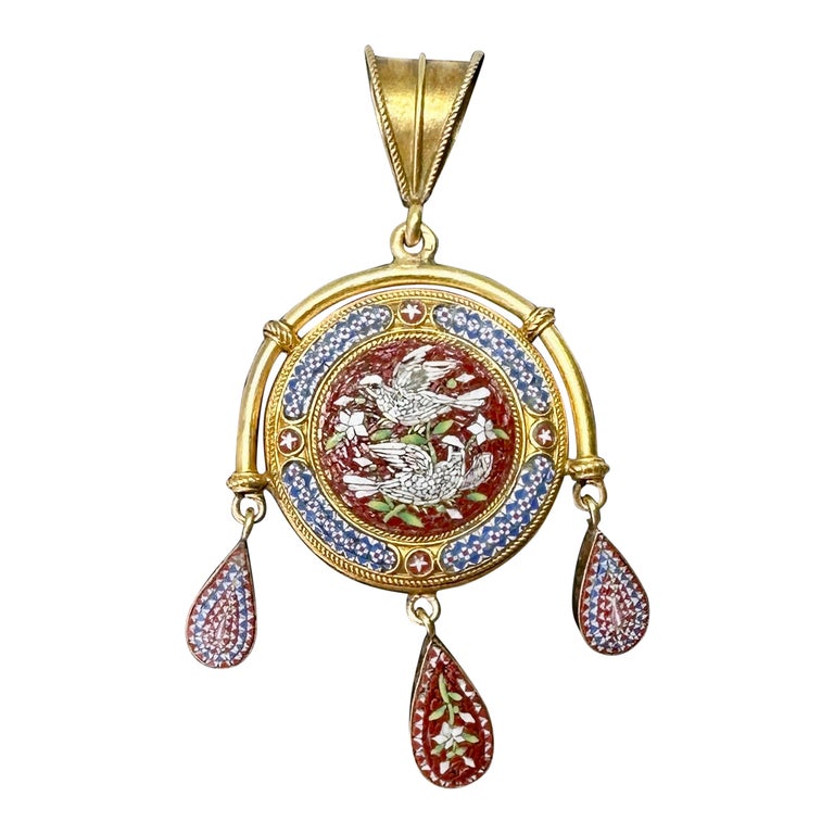Micromosaic Love Bird Dove Locket Necklace Etruscan Revival Victorian ...