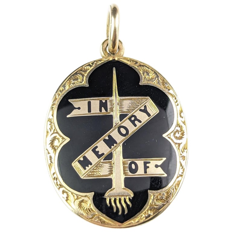 Antique Mourning Locket, in Memory of, 9k Gold, Black Enamel at 1stDibs