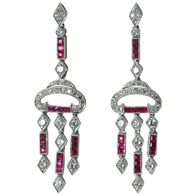 Ruby Diamond Gold Drop Earrings For Sale at 1stDibs