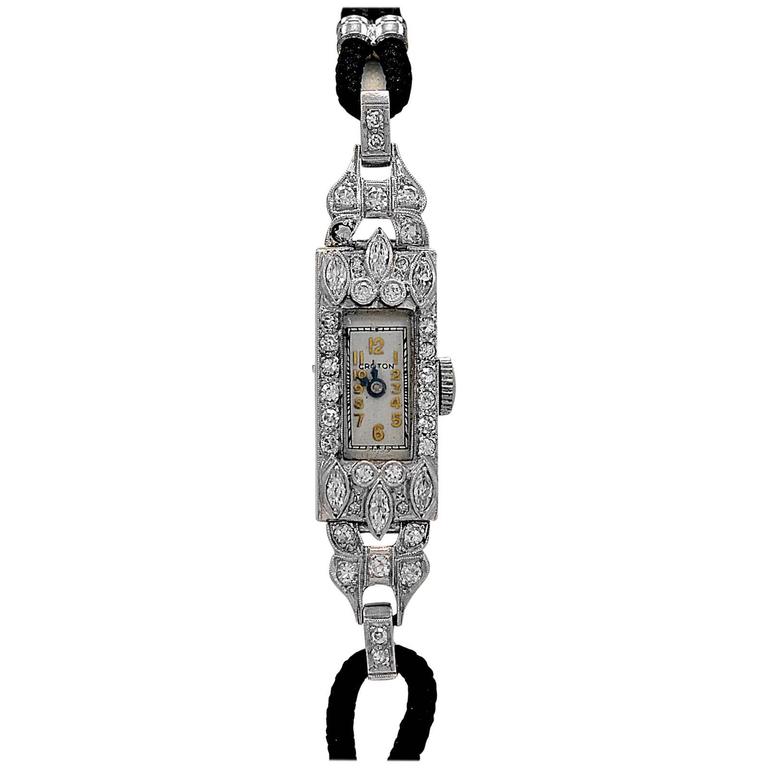 Croton Ladies Platinum Diamond Art Deco Dress Wristwatch at 1stDibs