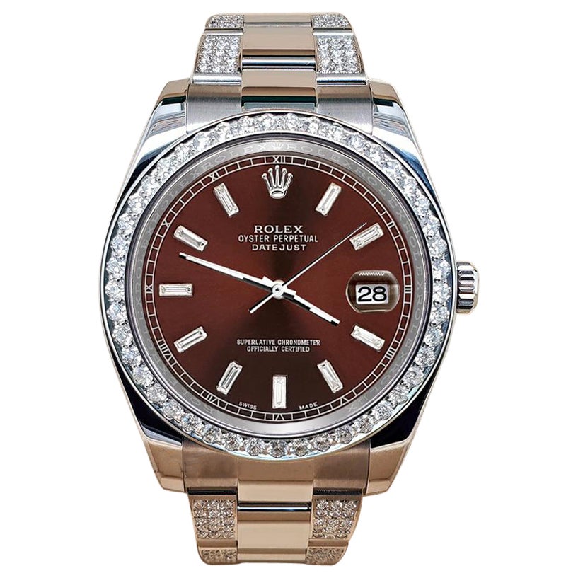 Rolex Datejust II 10.3ct Pave Diamonds Watch with Chocolate Baguette ...