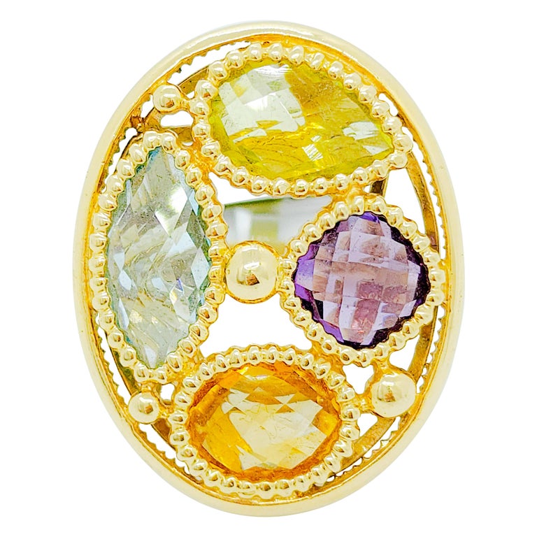 Multi Color Stone Cluster Ring in 14k Yellow Gold For Sale at 1stDibs
