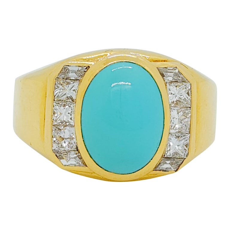 Turquoise Oval Cabochon and White Diamond Ring in 18k Yellow Gold For ...