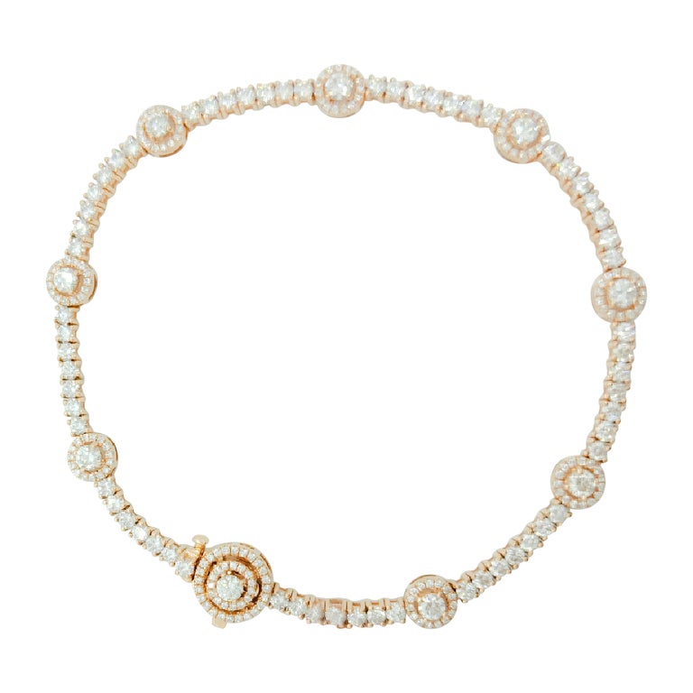White Diamond Round Cluster Bracelet in 14k Rose Gold For Sale at 1stDibs