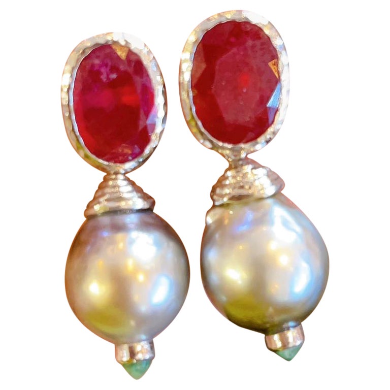 Bochic Ruby, Emerald and South Sea Pearl Earrings For Sale at 1stDibs