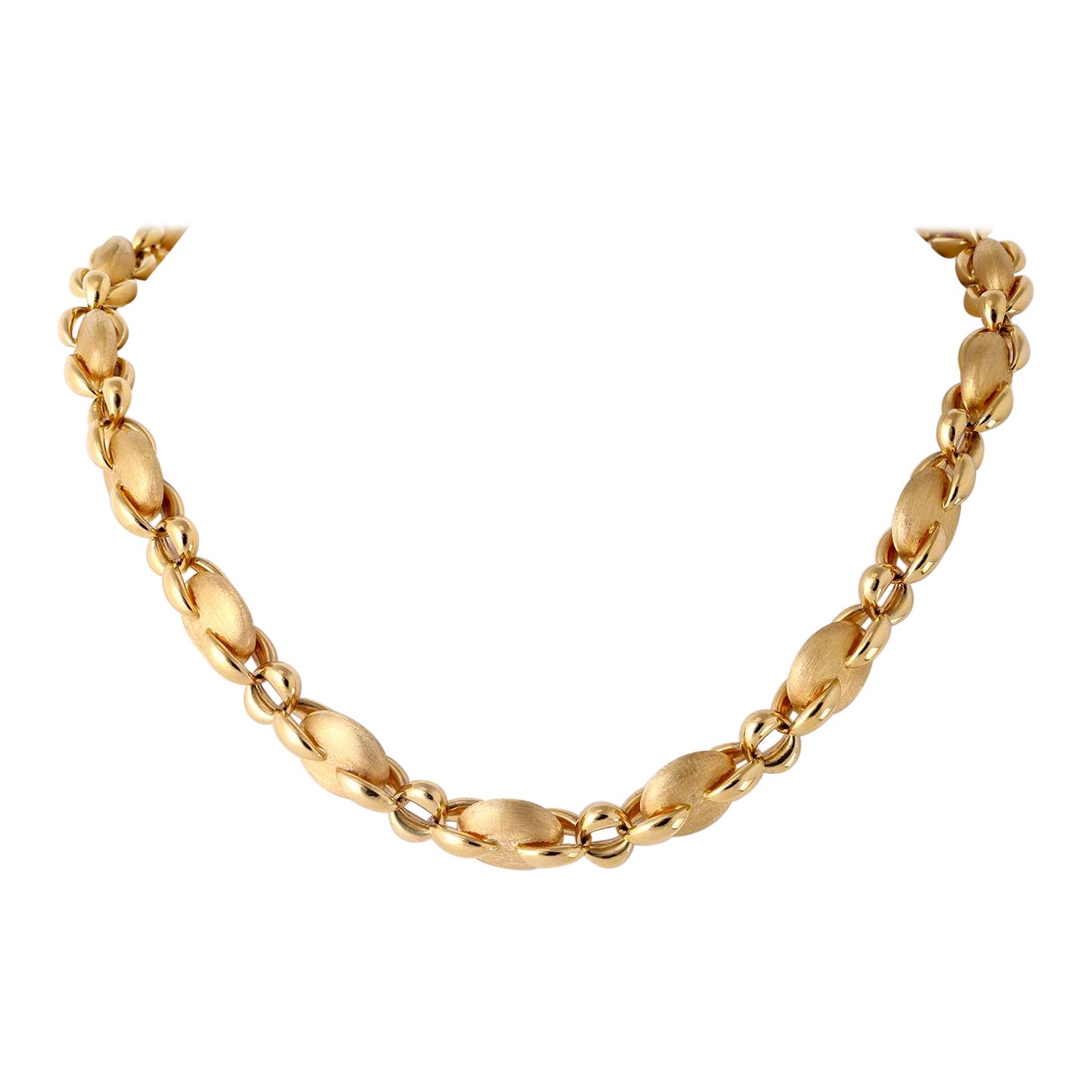 Vintage Italian 18k Yellow Brushed Gold Link Necklace For Sale at 1stDibs