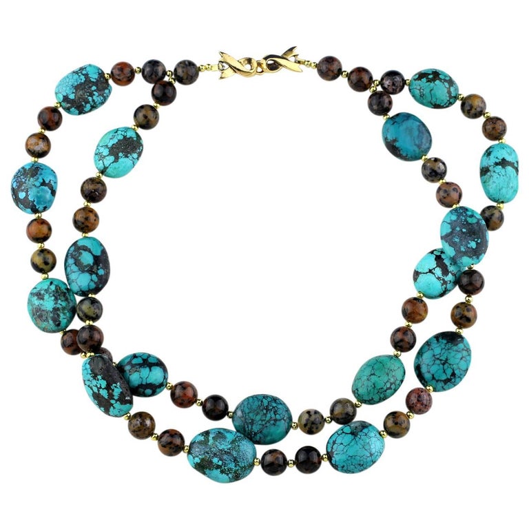Impressive 19" Double Strand Natural Turquoise and Jasper Necklace at ...