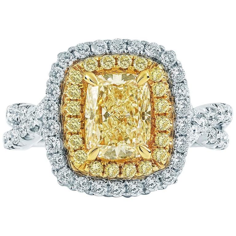 1.60 Carat Cushion Cut Fancy Light Yellow Diamond Pave Gold Engagement ...