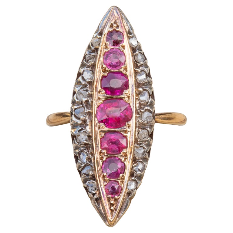 Antique Victorian French 18k Gold Diamond and Ruby Cluster Ring Navette ...