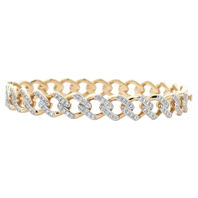 Diamond Cluster Chain Link Bangle in 14k Solid Gold For Sale at 1stDibs