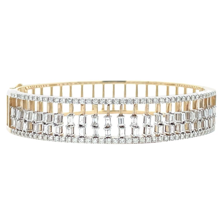 Floating Baguette Diamond Cage Bangle in 14k Solid Gold For Sale at 1stDibs