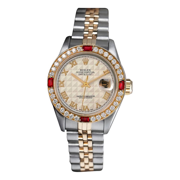 Rolex Datejust Cream Pyramid Dial Ruby/Diamond Bezel Two Tone Watch For ...