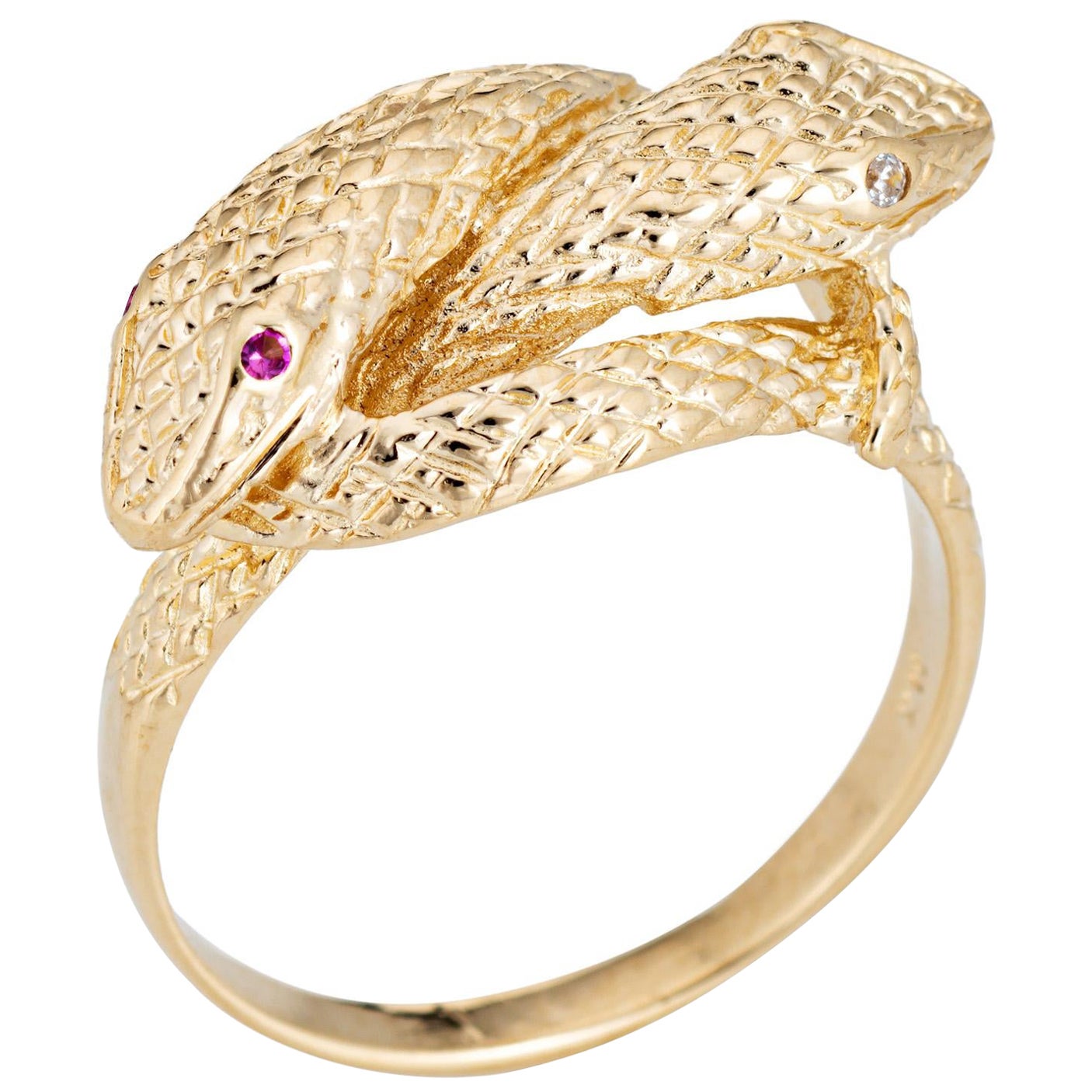 Vintage Double Snake Ring 14k Yellow Gold Ruby Eyes Alternative Wedding ...