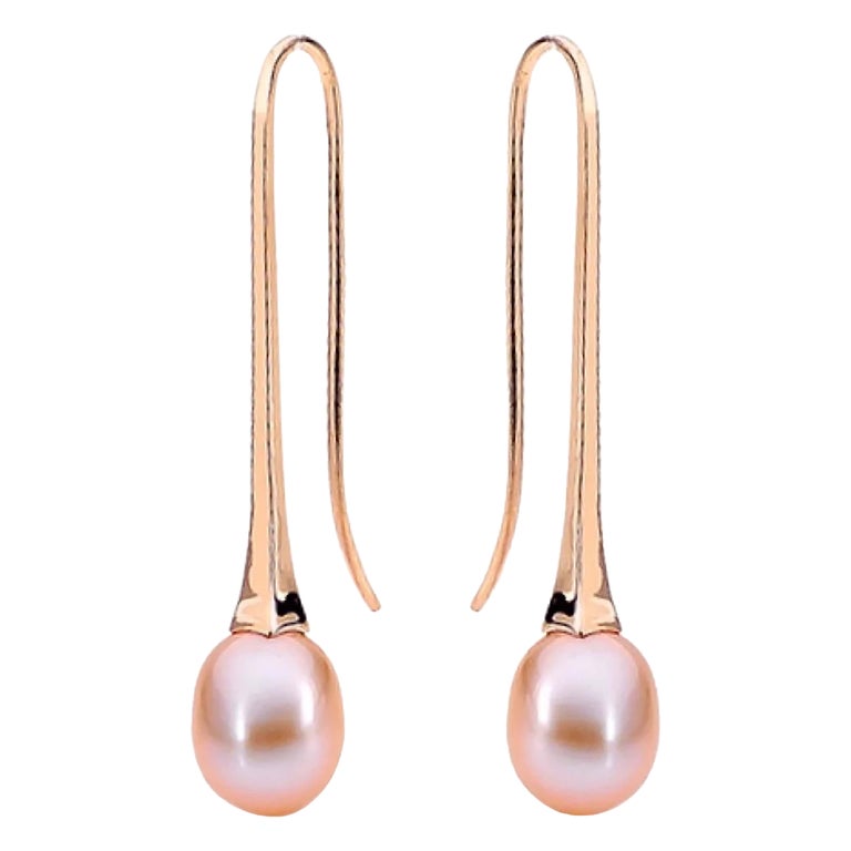 9k Rose Gold Pink Natural Freshwater Pearl Long Drop Earrings For Sale ...