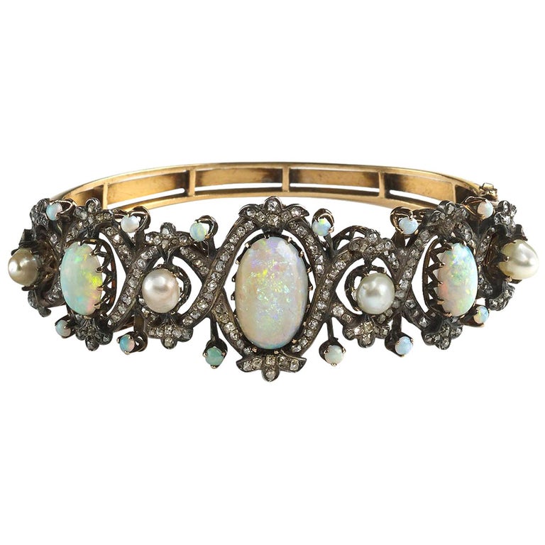 Opal, Diamond Pearl Silver and Gold Bangle For Sale at 1stDibs
