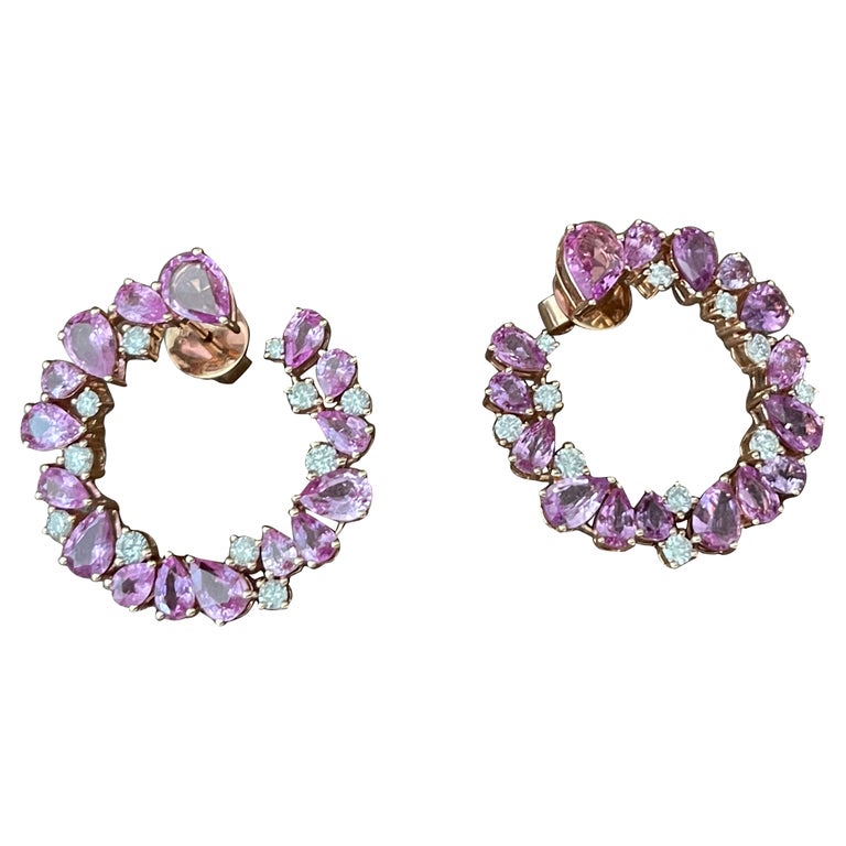18 K Rose Gold Side Hoop Earrings Pink Sappire Diamonds For Sale at 1stDibs