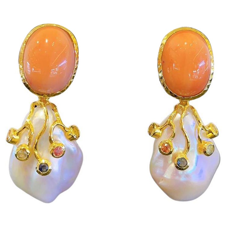 Bochic “Capri” Coral and Fancy Colour Sapphire Earrings For Sale at 1stDibs