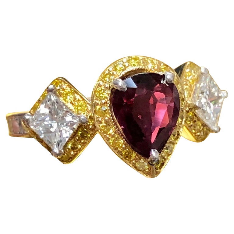 Estate Platinum 18k Pear Ruby Princess Fancy Yellow Diamond 3 Stone ...