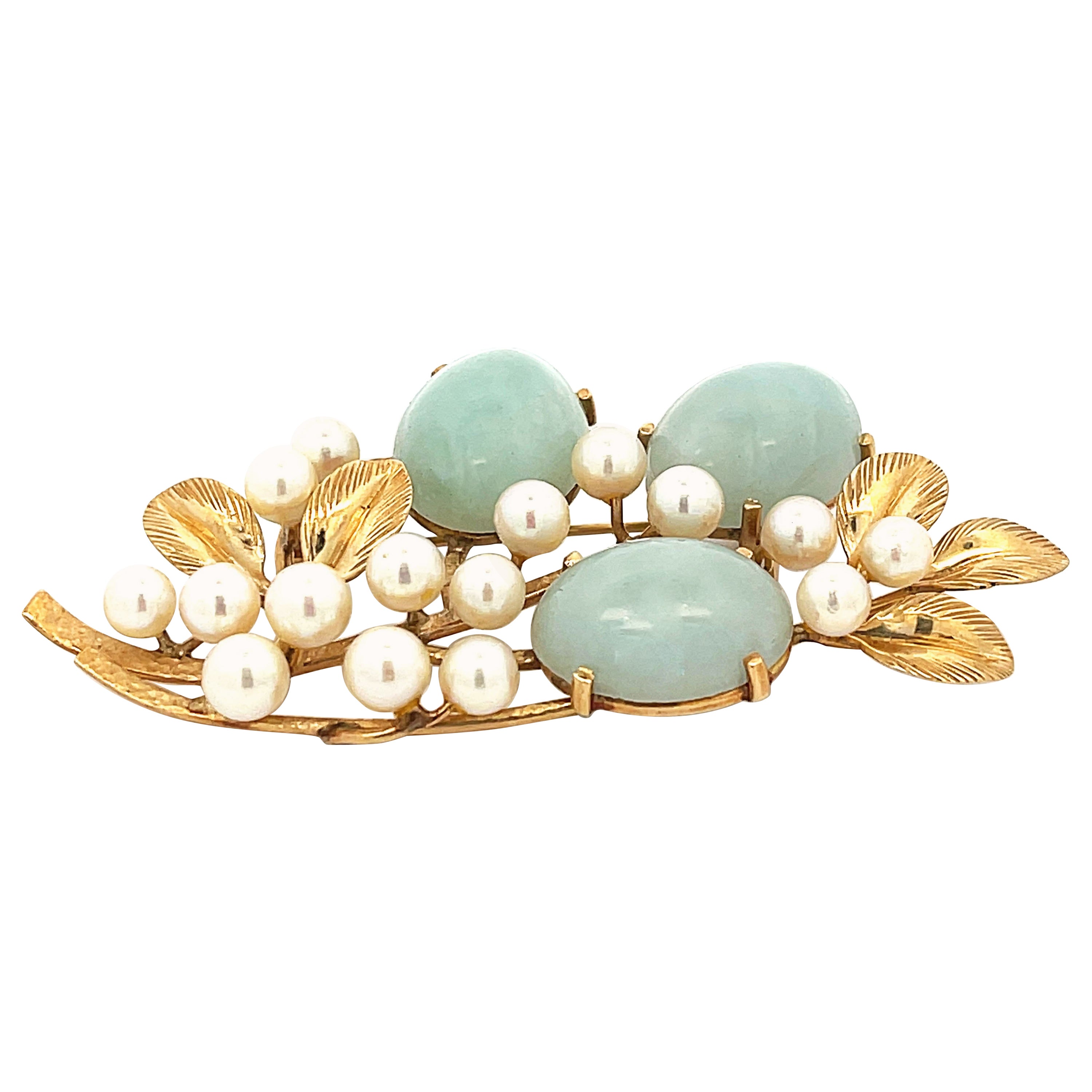 Mings Jade and Pearl Leaf Brooch in 14k Yellow Gold For Sale at 1stDibs