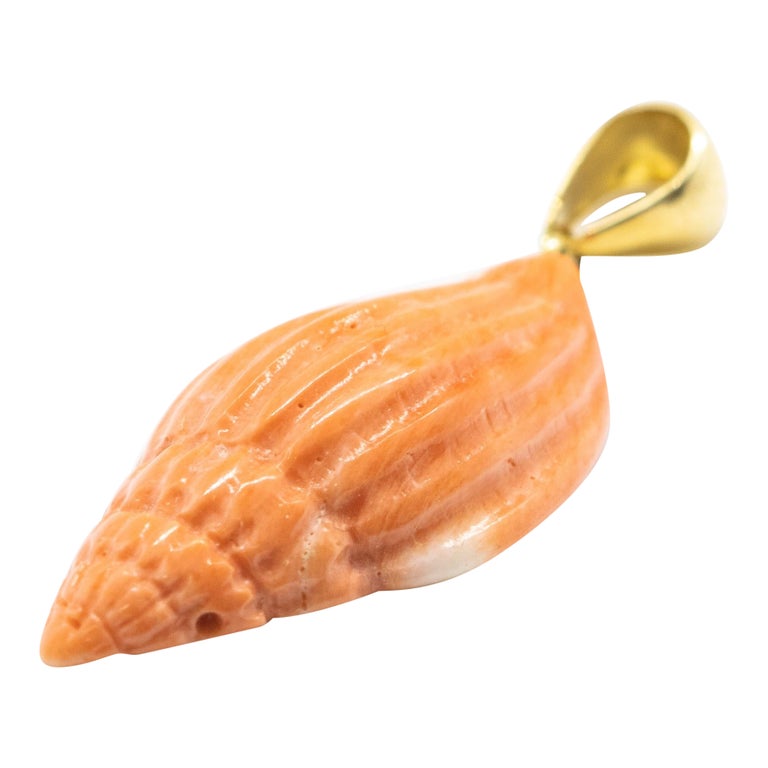 Carved Natural Pink Coral Shell 18k Yellow Gold Cocktail Pendant Intini ...