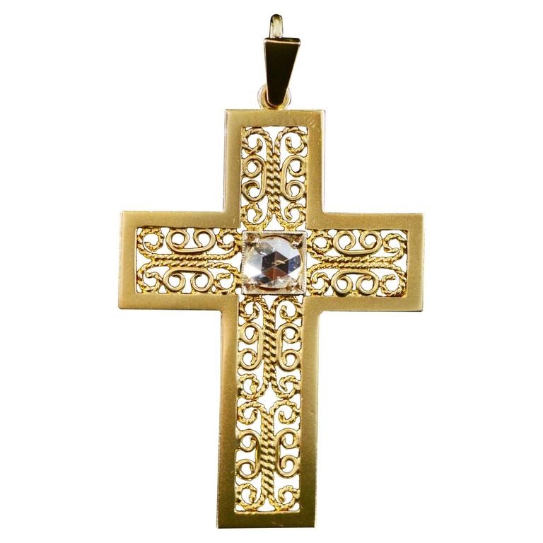 Stunning 0.50 Carat Rose Cut Diamond Filigree Gold Cross For Sale at ...