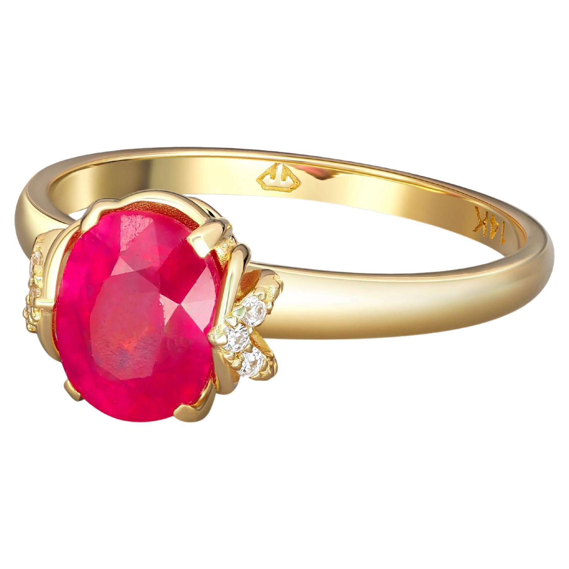 Customizable 14 karat Gold Ring with Pear Ruby and Diamonds. Minimalist ...