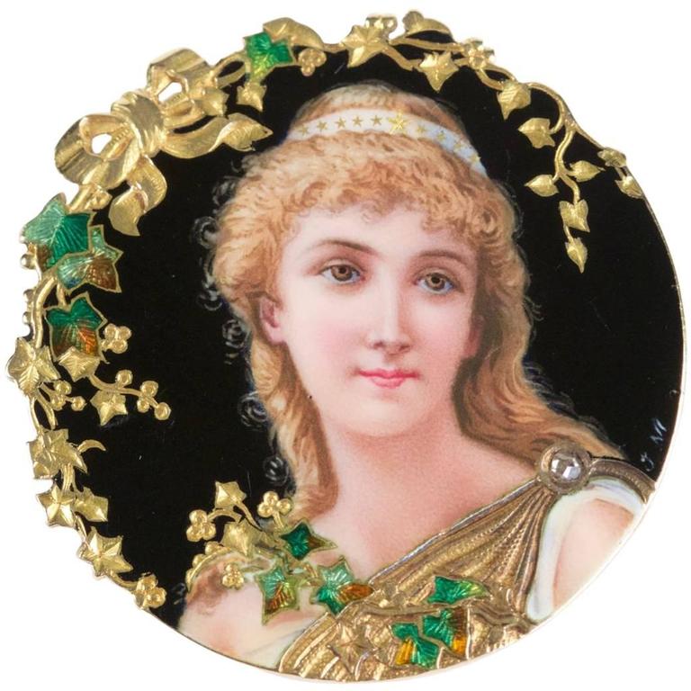 1900s Art Nouveau Enameled Gold Miniature Portrait Brooch at 1stDibs