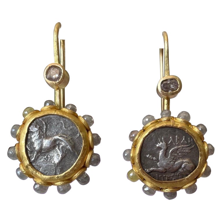 Archaic Greek Coins Diamonds 22k 21k Gold Dangle Drop Earrings For Sale ...