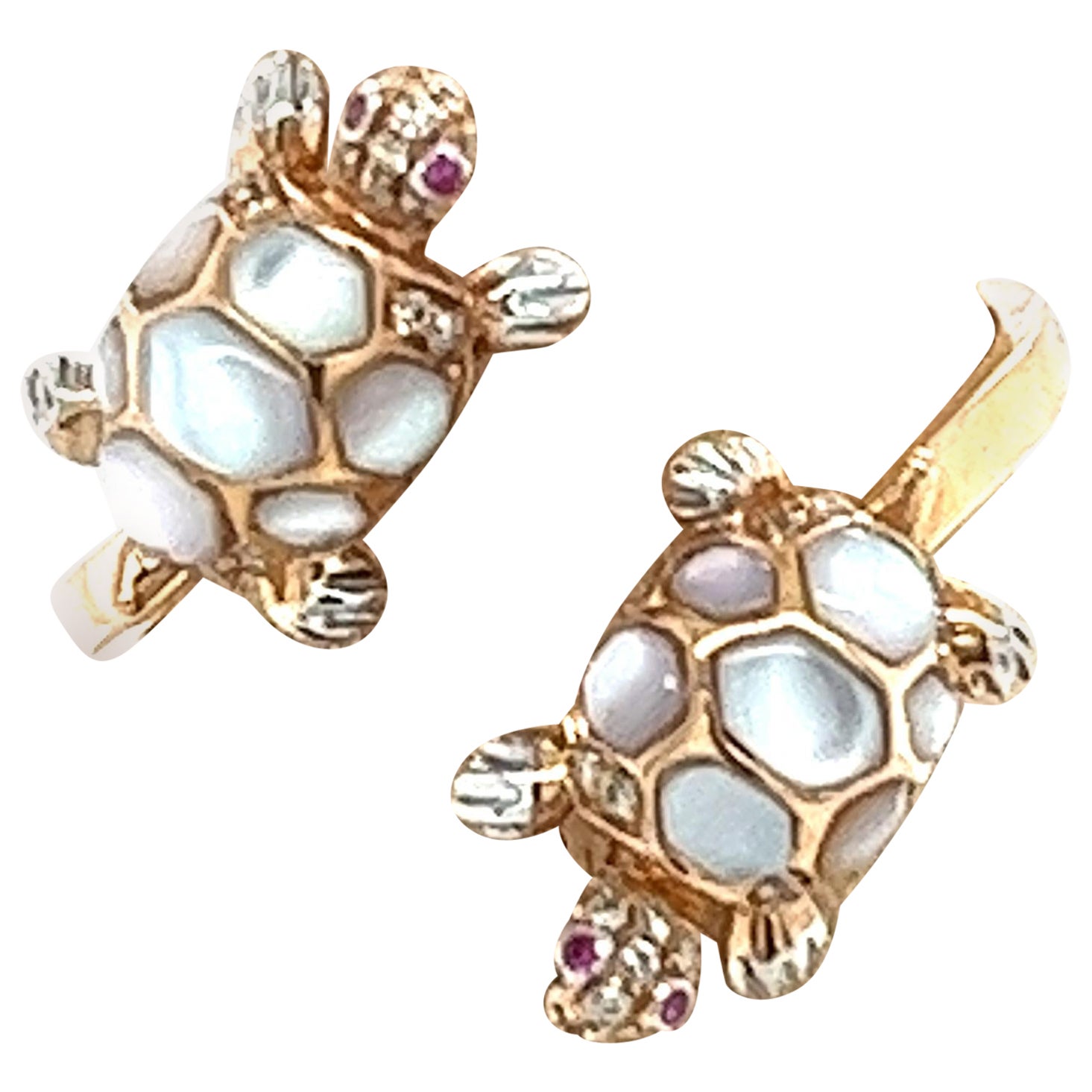 18k Rose Gold White Shell and Fancy Diamond Tortoise Ring For Sale at ...