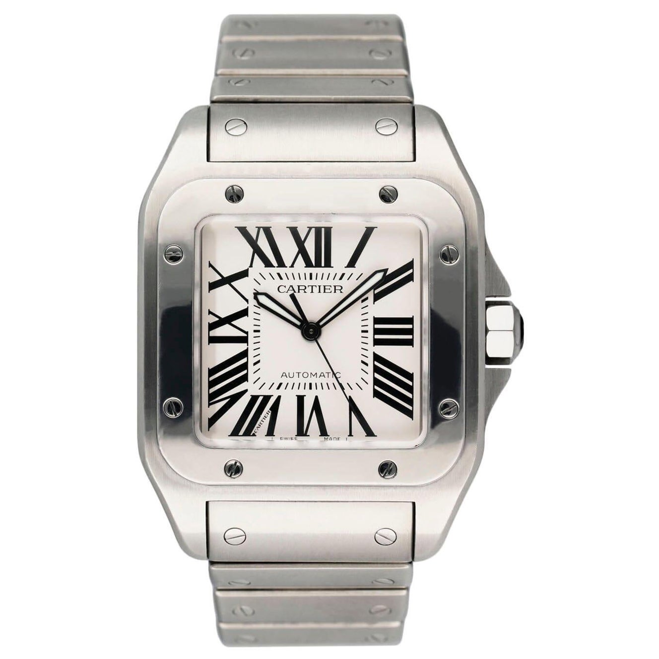 Cartier Santos 100 Black Strap Steel Men's Watch W20073X8 Papers For ...