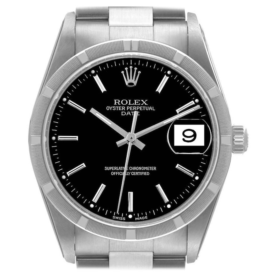 Rolex Date Black Dial Engine Turned Bezel Steel Mens Watch 15210 at 1stDibs