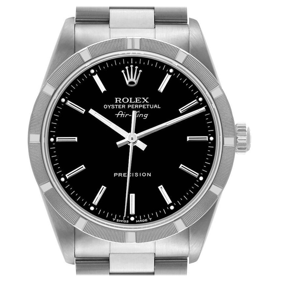 Rolex Air King 34 Black Dial Steel Engine Turned Bezel Mens Watch 14010 ...