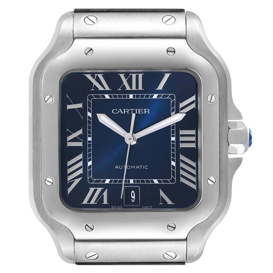 Cartier Santos Stainless Steel Diamond Blue Dial Mens Watch W4SA0006 ...