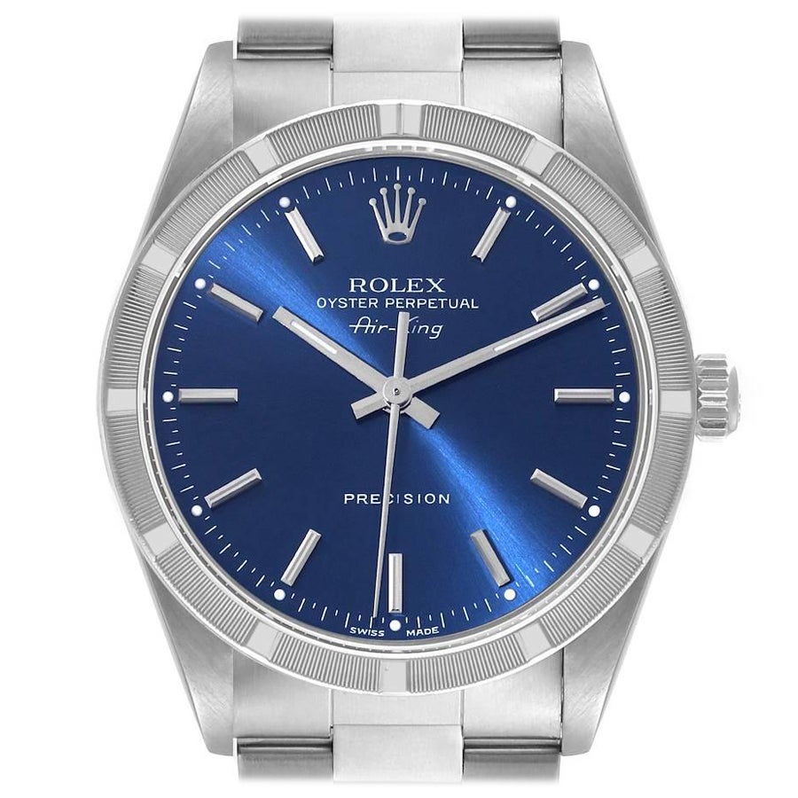 Rolex Air King Blue Dial Engine Turned Bezel Steel Mens Watch 14010 For ...