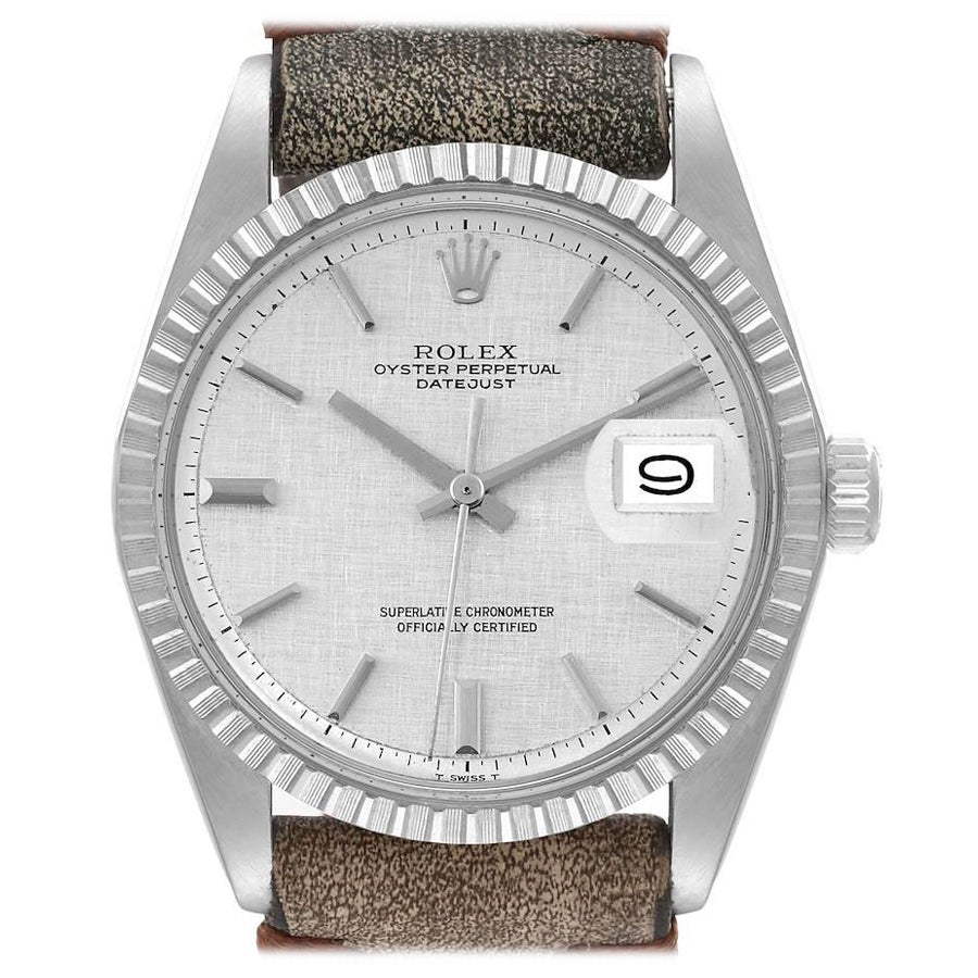 Rolex Datejust Silver Linen Dial Grey Leather Strap Vintage Mens Watch ...